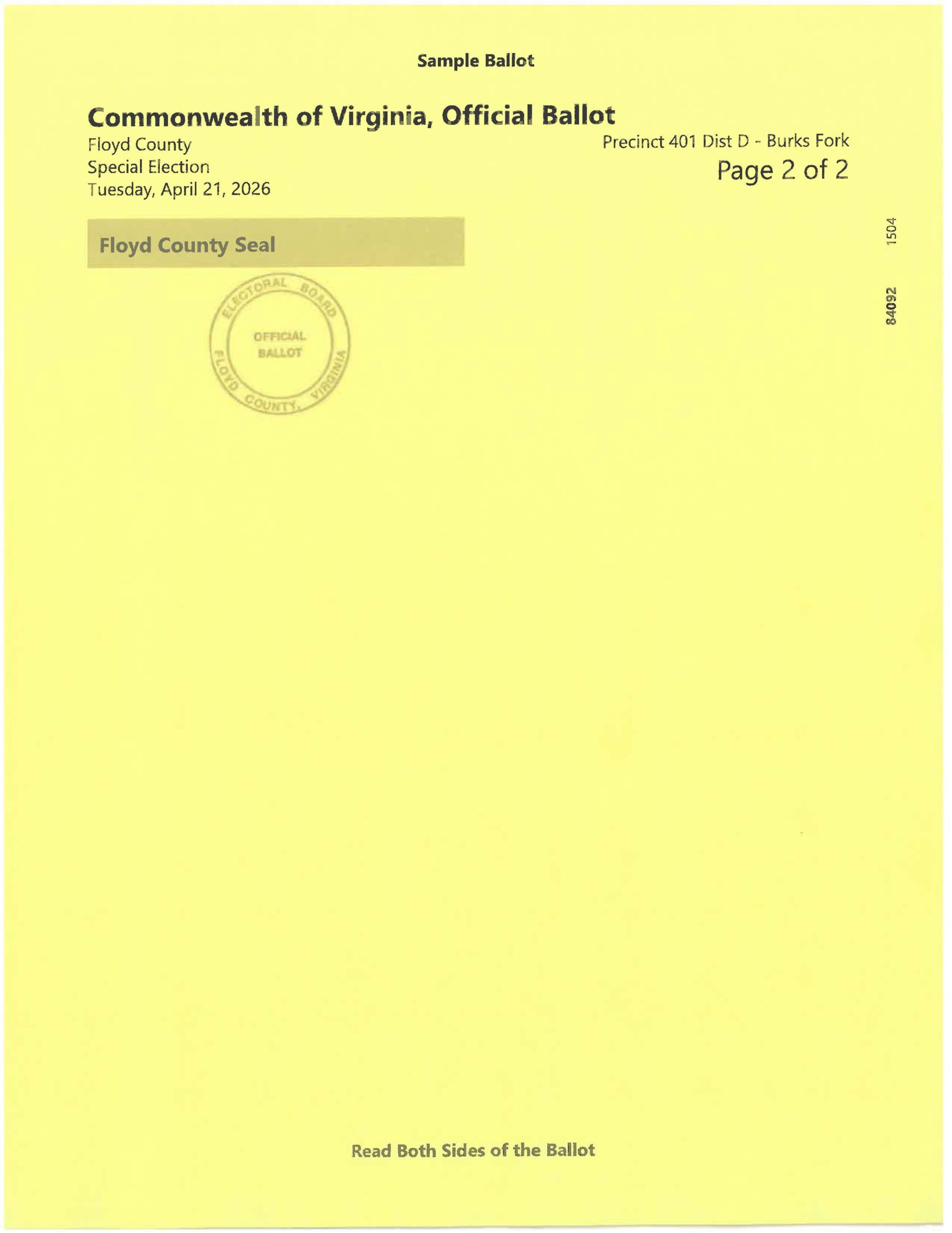Sample Ballot Precinct 401 - Burks Fork - Floyd County Office of Elections