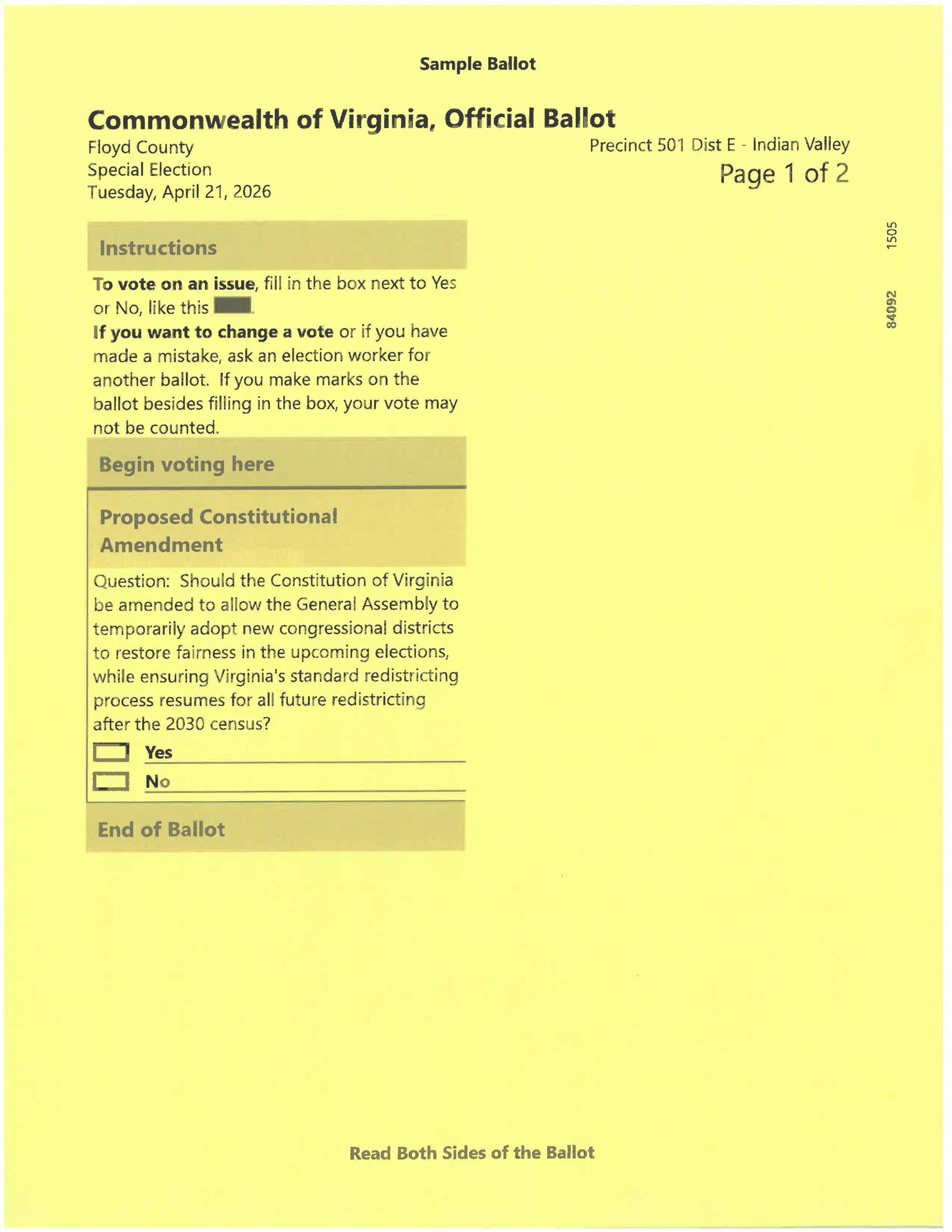Sample Ballot Precinct 501 - Indian Valley - Floyd County Office of ...