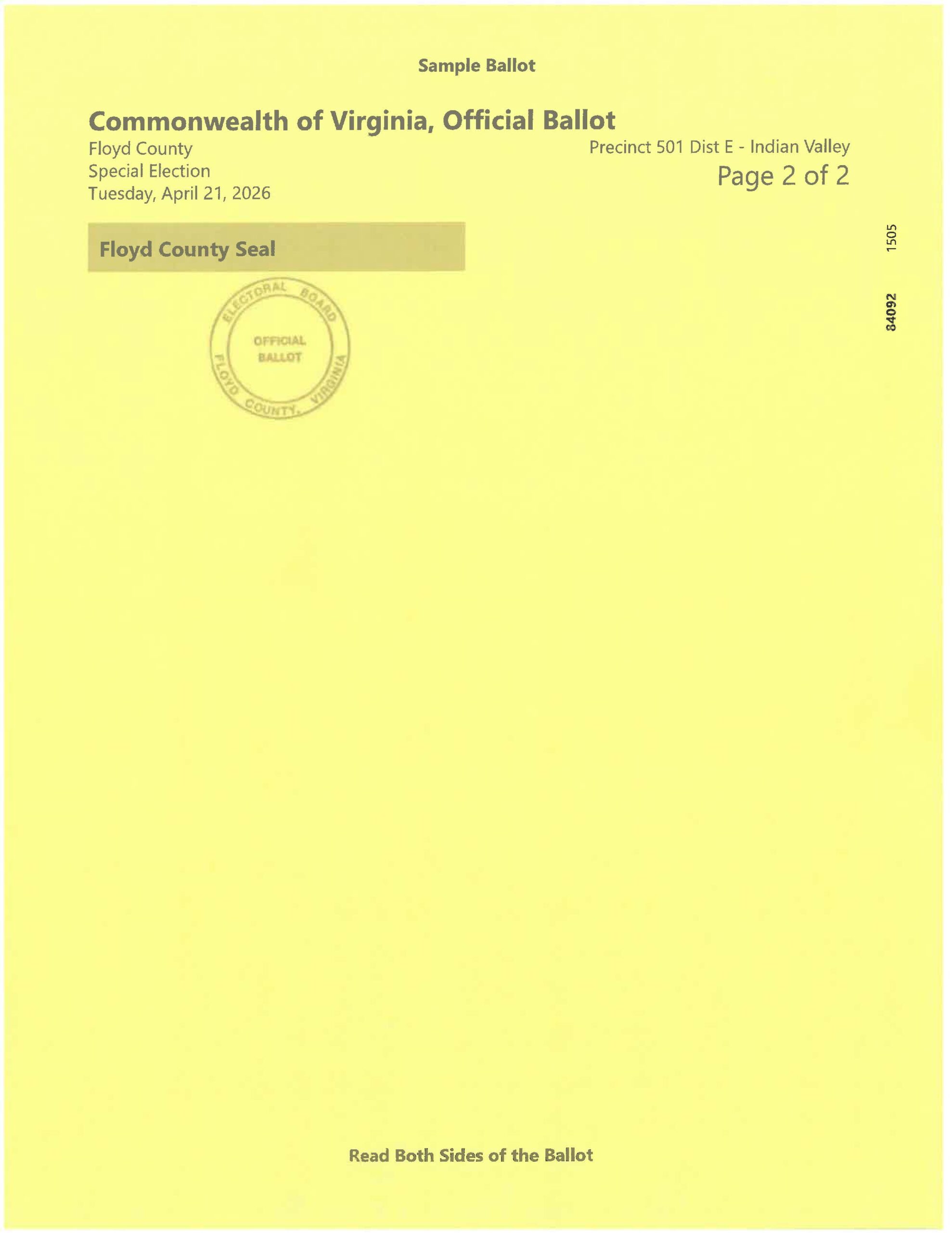 Sample Ballot Precinct 501 - Indian Valley - Floyd County Office of ...
